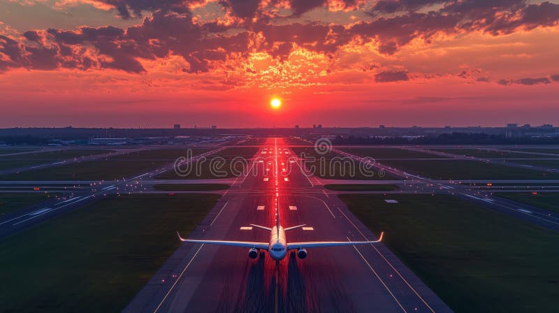 Airplanes Take Off at Sunset, Showcasing Vibrant Runway Activity Stock ...