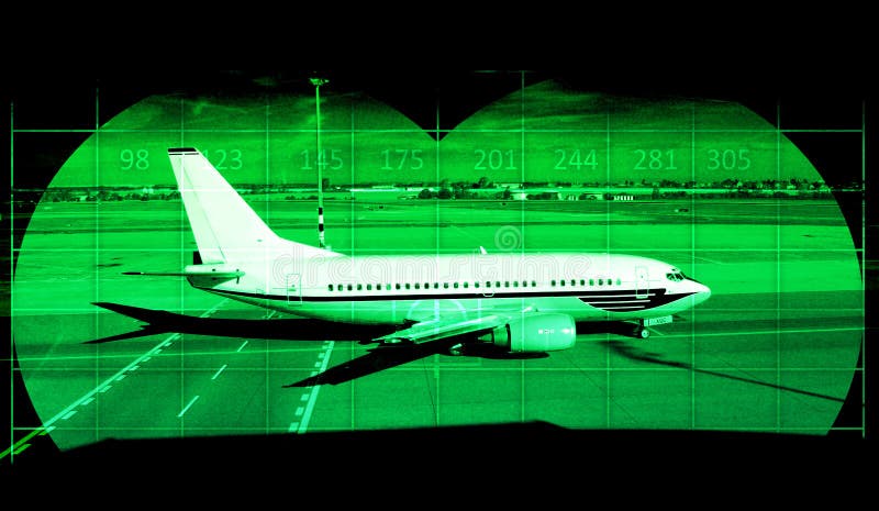 Airport with Airliner through Night Vision Stock Photo - Image of ...