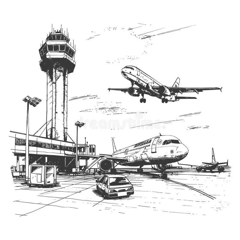 Airport Sketch: Airplane Taking Off and Landing Near Terminal Stock ...
