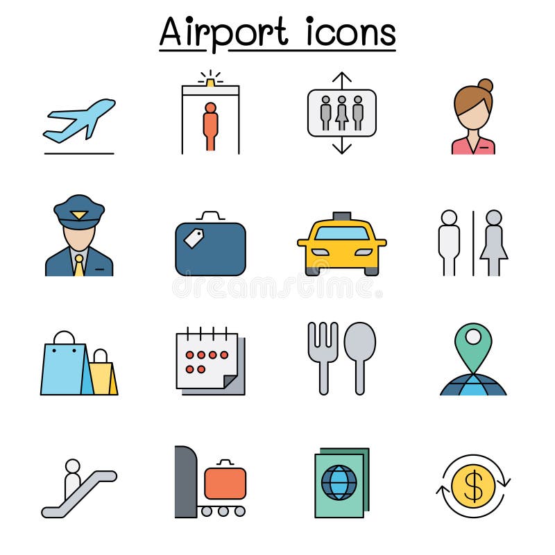 Airport and Aviation Color Line Icon Set Stock Vector - Illustration of ...