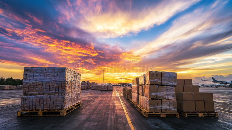 Airport Cargo Containers Ready for Loading at Sunset Stock Image ...