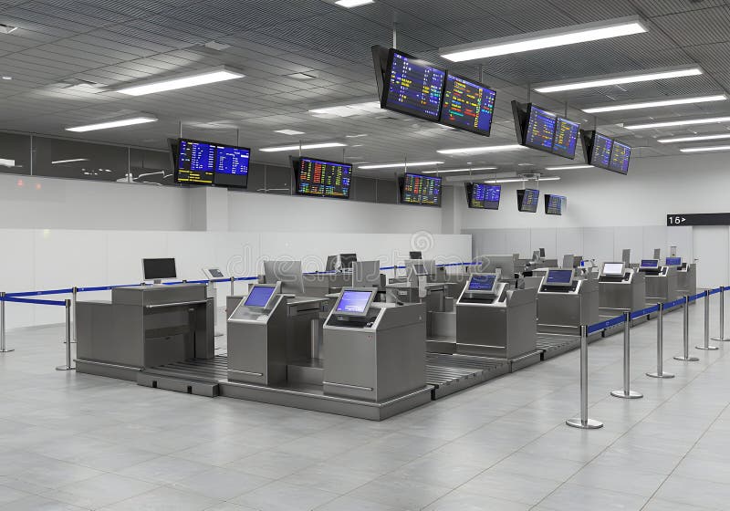Airport Check in Area with Empty Counters and Flight Information ...