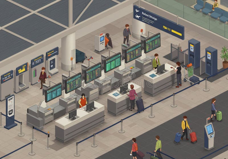 Airport Check-in Area with Multiple Counters and Digital Screens ...