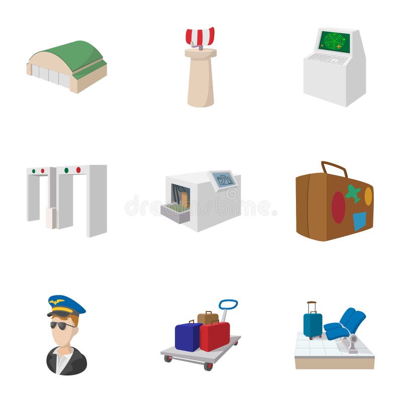 Airport Check-in Icons Set, Cartoon Style Stock Vector - Illustration ...
