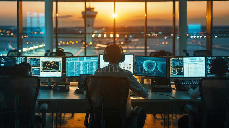 Airport Control Center Workers at Sunset Stock Illustration ...