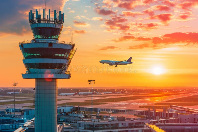 Airport Control Tower with Departing Airplane on Blurred Background ...