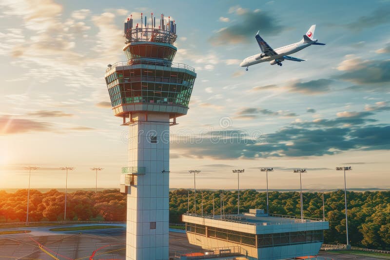 Airport Control Tower with Departing Plane on Blurred Background, Space ...
