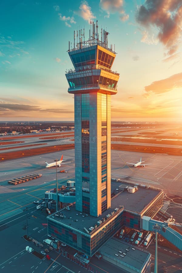Airport Control Tower with Departing Plane on Blurred Background, Space ...