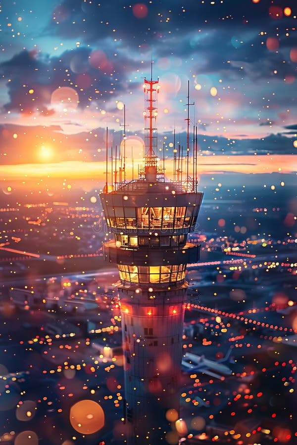 Airport Control Tower with Departing Plane on Blurred Background, Space ...