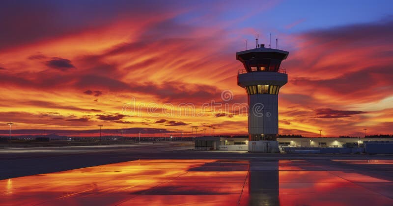 The Airport Control Tower Overlooking Runways As the Sun Dips Below the ...