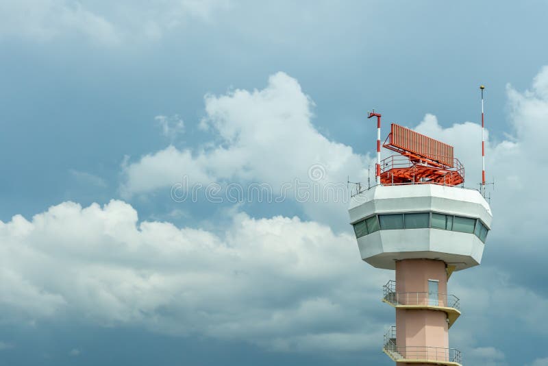 The Airport Control Tower with Rain Clouds Storm Thunder Stock Image ...