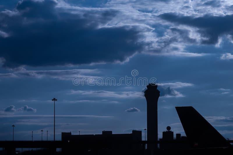 Airport Control Tower Silhouette at Dusk Stock Image - Image of ...
