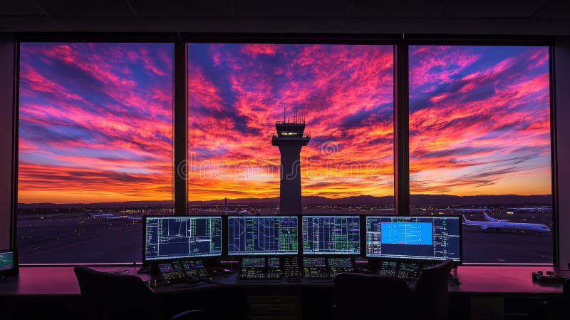 Airport Control Tower Sunset View Stock Illustration - Illustration of ...