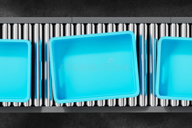 Airport Conveyor with Empty Plastic Containers, Top View Stock ...