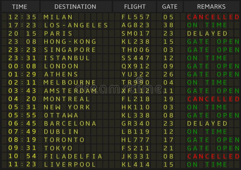 Departure Board with All Flights Cancelled Status. Airport Schedule ...