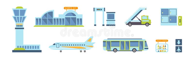 Airport Flat Icon and Object Colorful Vector Set Stock Vector - Illustration of infrastructure ...