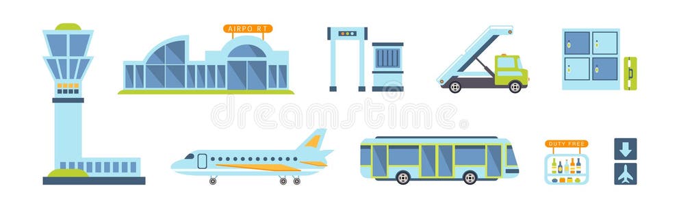 Airport Flat Icon and Object Colorful Vector Set Stock Vector ...