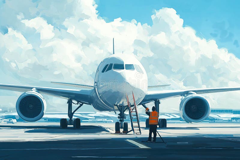 Airport Ground Crew Worker Checking Airplane on Tarmac Stock ...