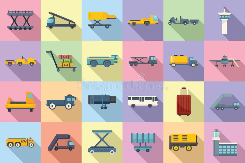 Airport Ground Support Service Icons Set Flat Vector. Cargo Aero Stock ...