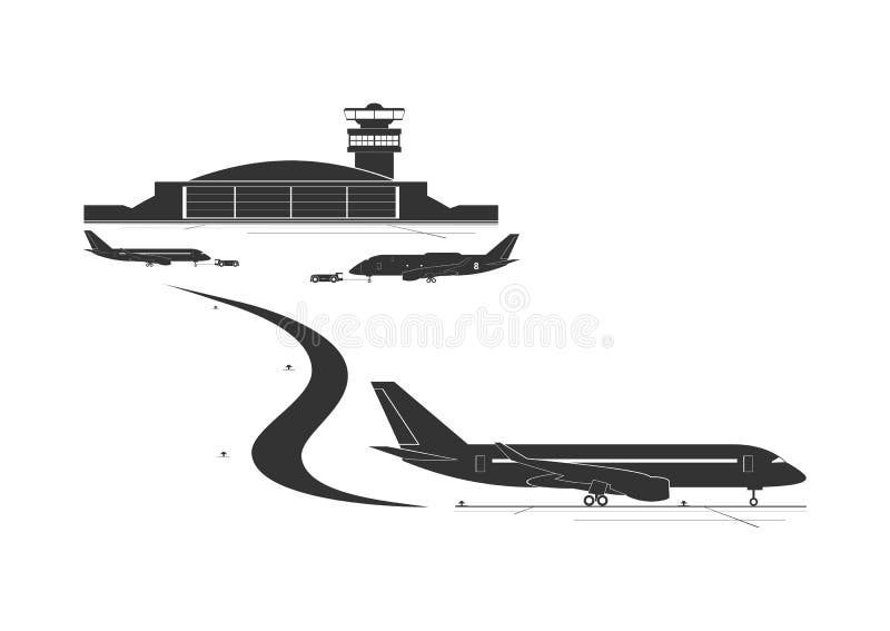Airport Icon. Passenger Terminal, Control Tower and Silhouettes of ...