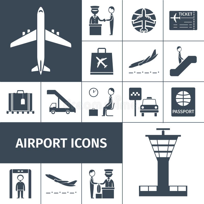 Set of Black Icons Airport and Airplane, Freight Stock Vector ...
