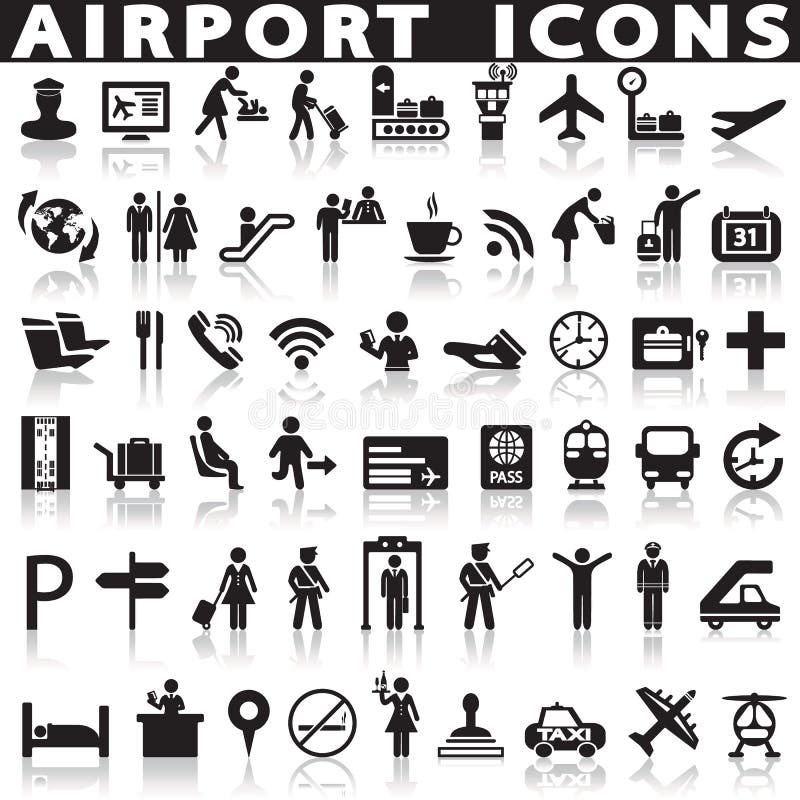 Set of Airport Icons or Signs,black and White Pictograms Isolate Stock ...