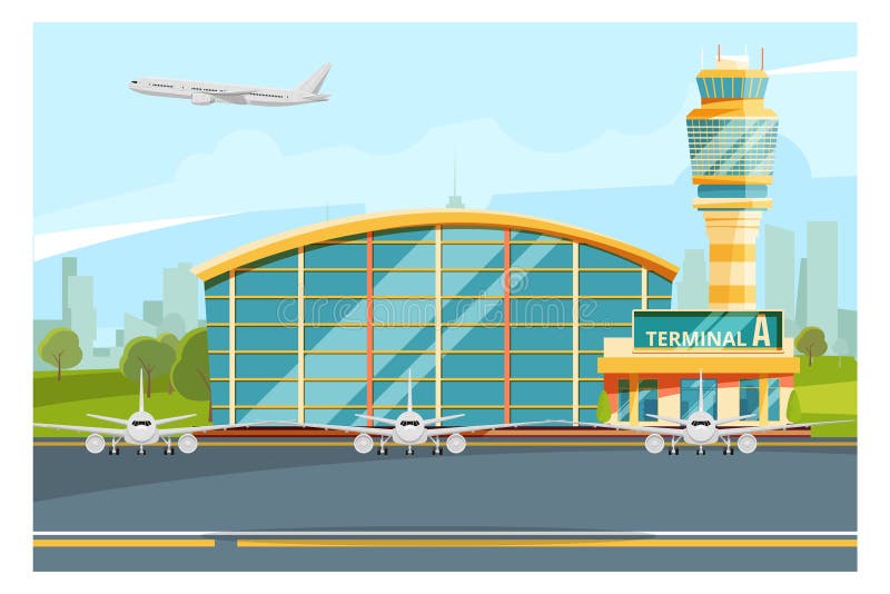 Airport Illustration. Terminal Building and Flying Planes Landscape ...
