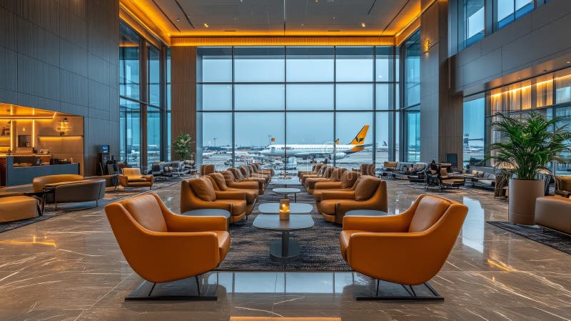 Airport Lounge with Large Windows and View of Airplane on Tarmac Stock ...