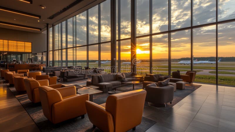 Airport Lounge with Sunset View and Airplanes on Runway Stock ...