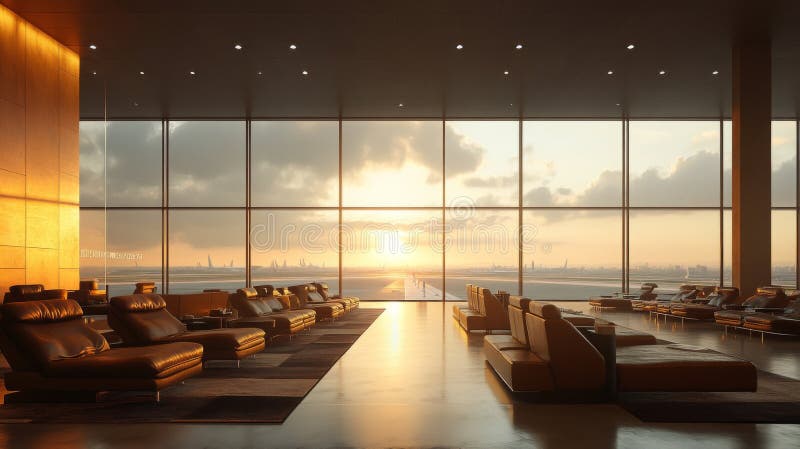 Airport Lounge with Sunset View and Leather Seating Stock Illustration ...