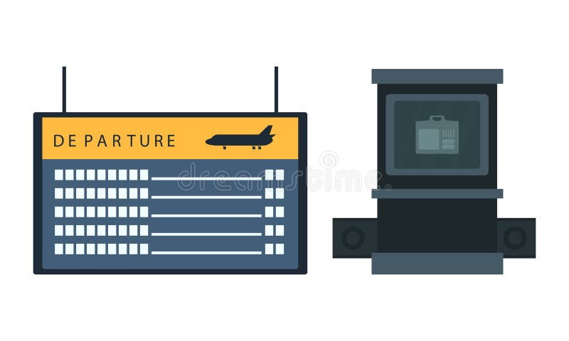 Airport with Luggage Scanner and Flight Schedule Display Vector Set ...
