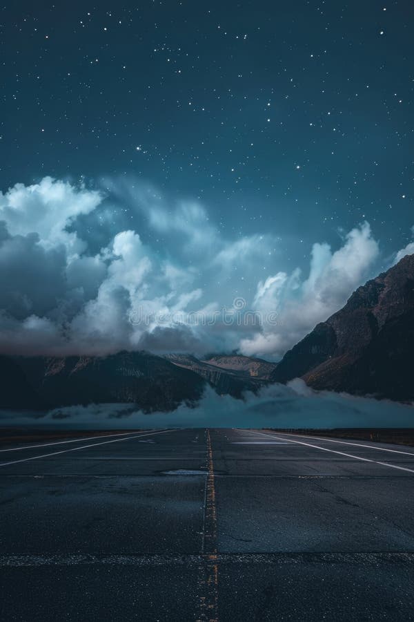 Airport Scene with a Long Runway and Mountains in the Background Stock ...