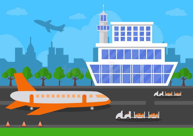 Airport Terminal Building with Infographic Aircraft Taking Off and ...