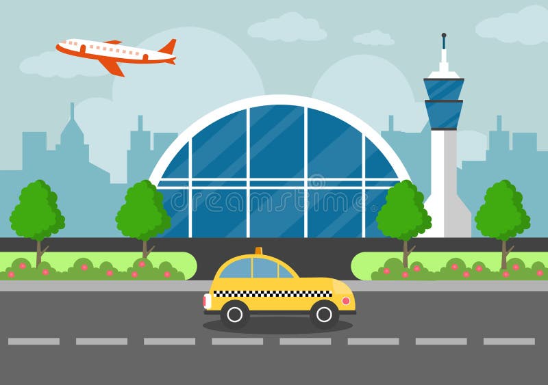 Airport Terminal Building with Infographic Aircraft Taking Off and ...