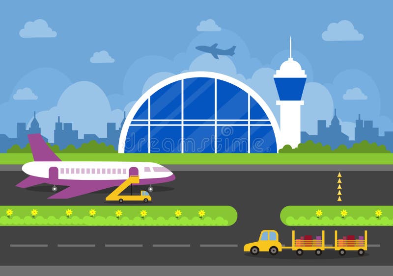 Airport Terminal Building with Infographic Aircraft Taking Off and ...