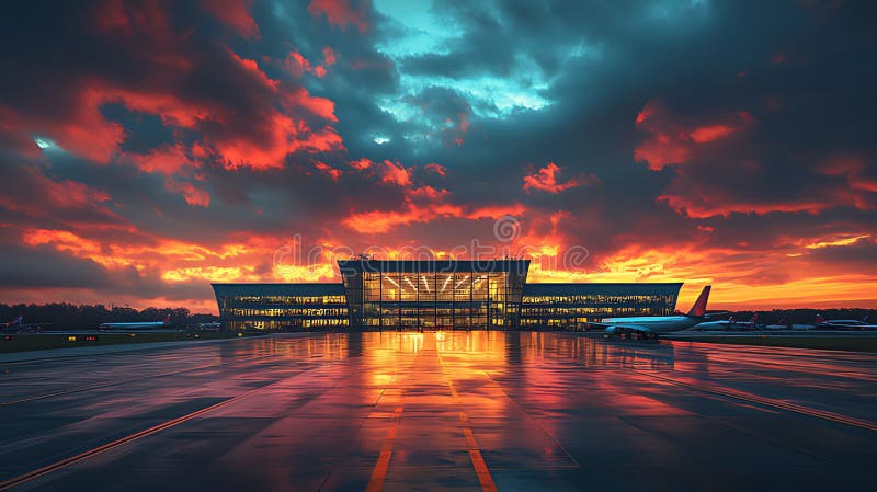 Airport Terminal Sunset Dramatic Sky Reflection Travel Stock ...