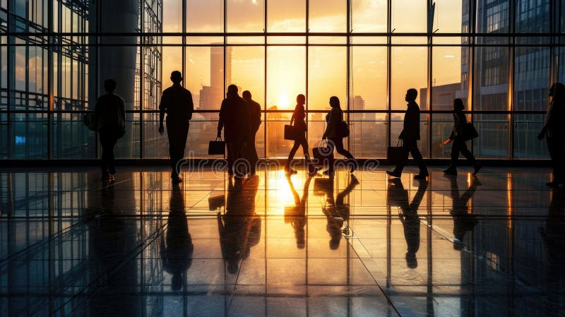 Airport Terminal during Sunset with Passengers Silhouetted Against the ...