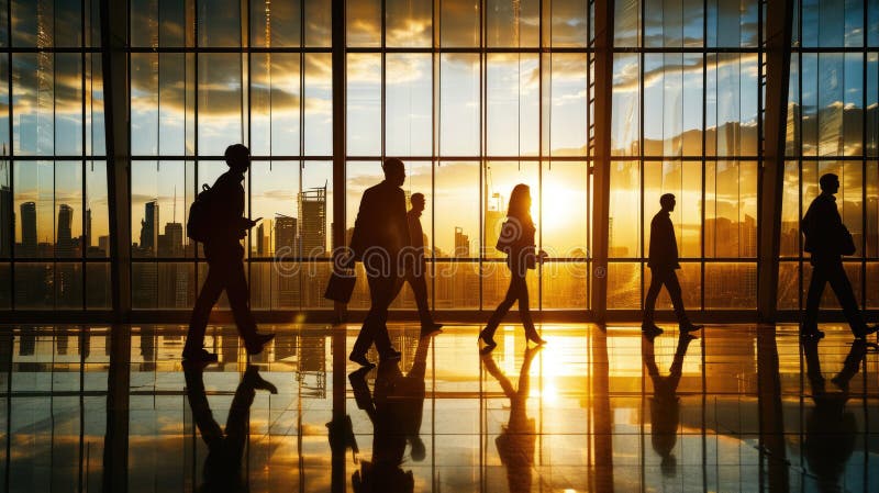 Airport Terminal during Sunset with Passengers Silhouetted Against the ...