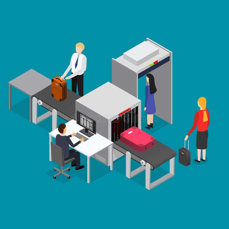 Airport Security Check-in Banner Horizontal Set Isometric View. Vector ...