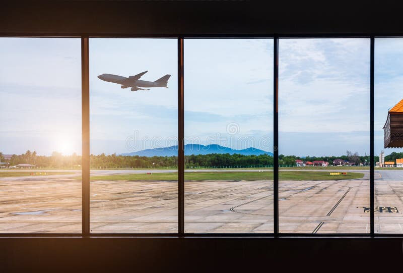 Airport Windows and Airplane Stock Photo - Image of futuristic, sunset ...