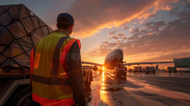 Airport Worker Overseeing Cargo Loading at Sunset Stock Photo - Image ...