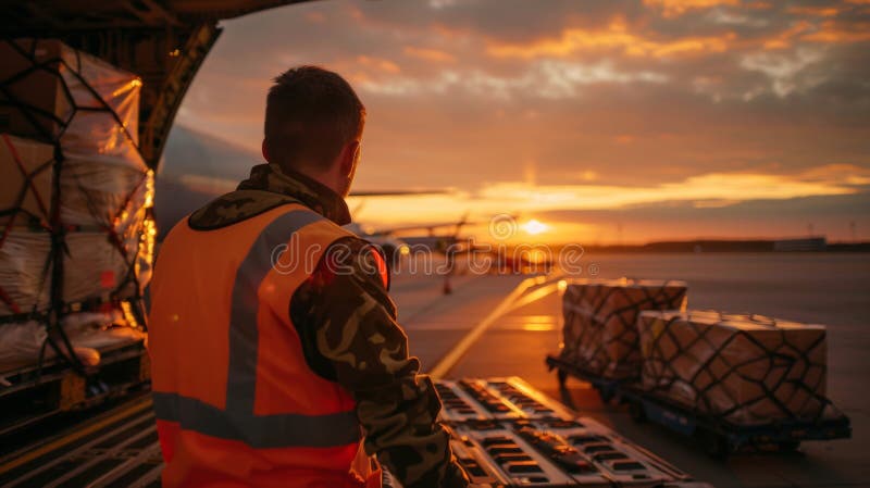 Airport Worker at Sunset Overseeing Cargo Loading Process Stock Image ...