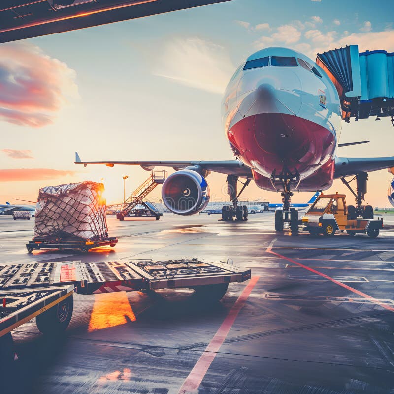 Airport Workers Loading Cargo Containers into Airplane at Sunset Stock ...