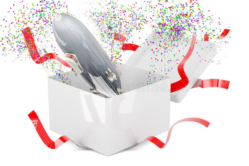 Airship or Dirigible Balloon Inside Gift Box, 3D Rendering Stock ...