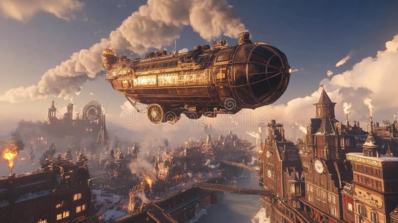 Airship Soaring Over Steampunk City at Sunset Stock Illustration ...