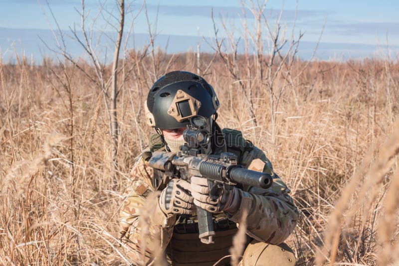 Airsoft Soldier Aiming in Fields with Rifle Stock Image - Image of ...