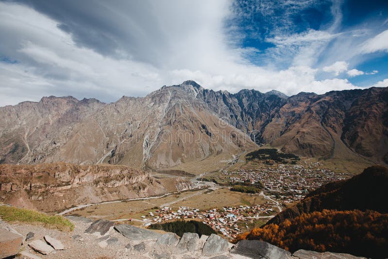 Airview of Stepantsminda Town in Caucasian Mountains Stock Photo ...