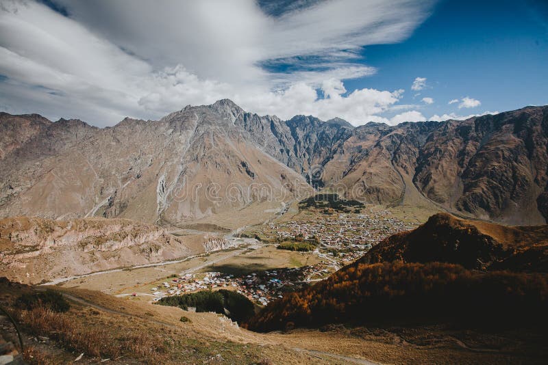 Airview of Stepantsminda Town in Caucasian Mountains Stock Photo ...