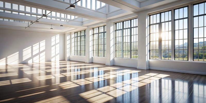 Airy Interior with Sunlight Streaming through Large Windows Casting ...