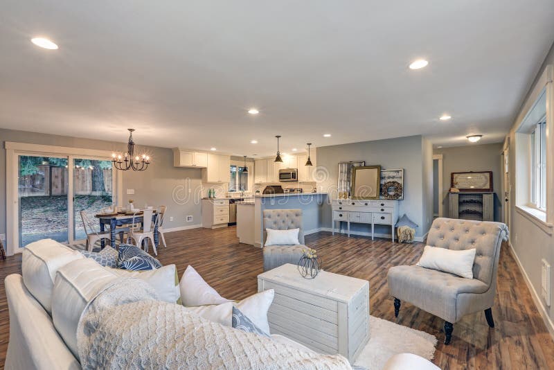 Airy Light Filled Living Room in Soft Blue and Grey Colors Stock Photo ...